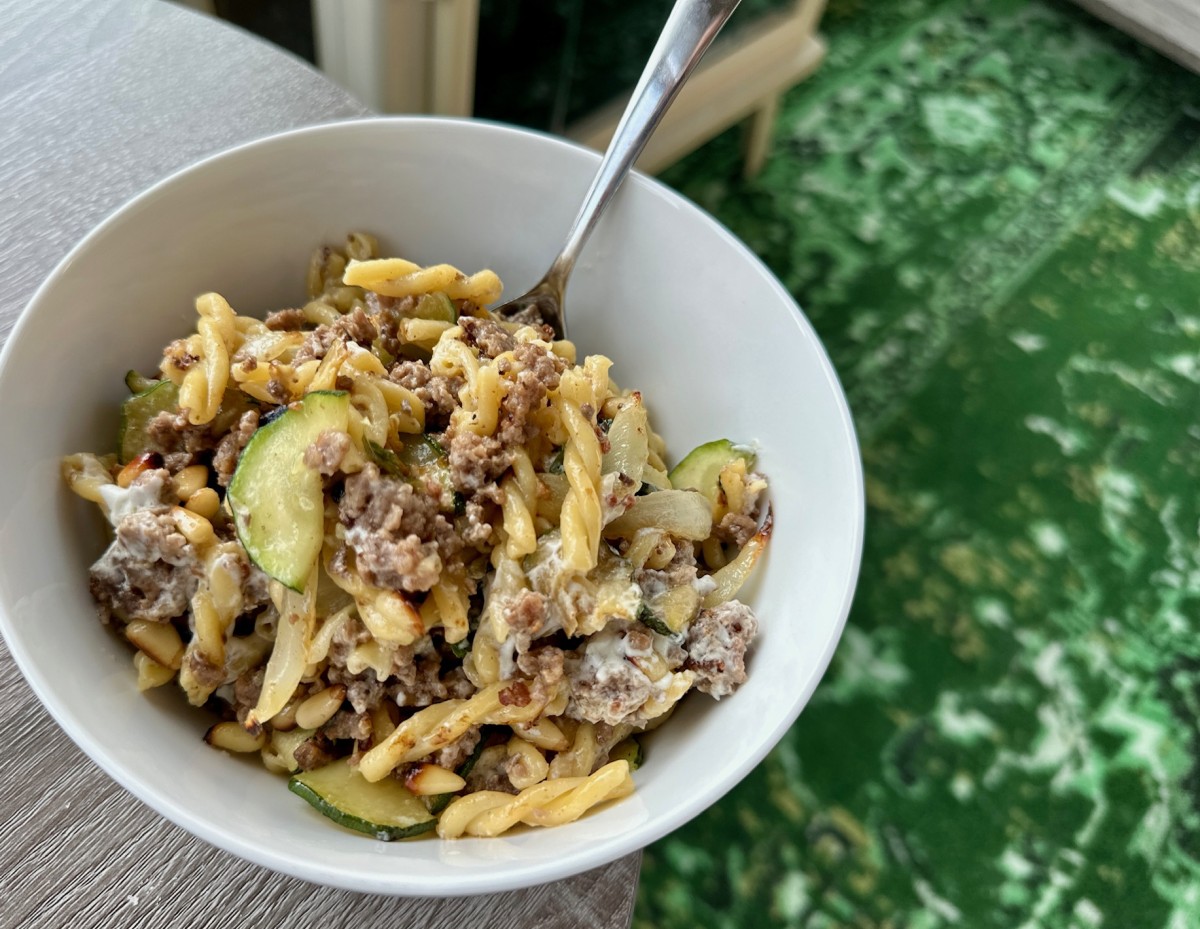 Beef & Zucchini Pasta with White Wine & Creamy Goat Cheese